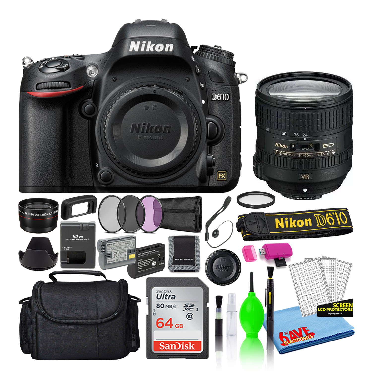Nikon D610 Digital Camera with 24-85mm Lens (1540) + 64GB SD Card + Bag ...